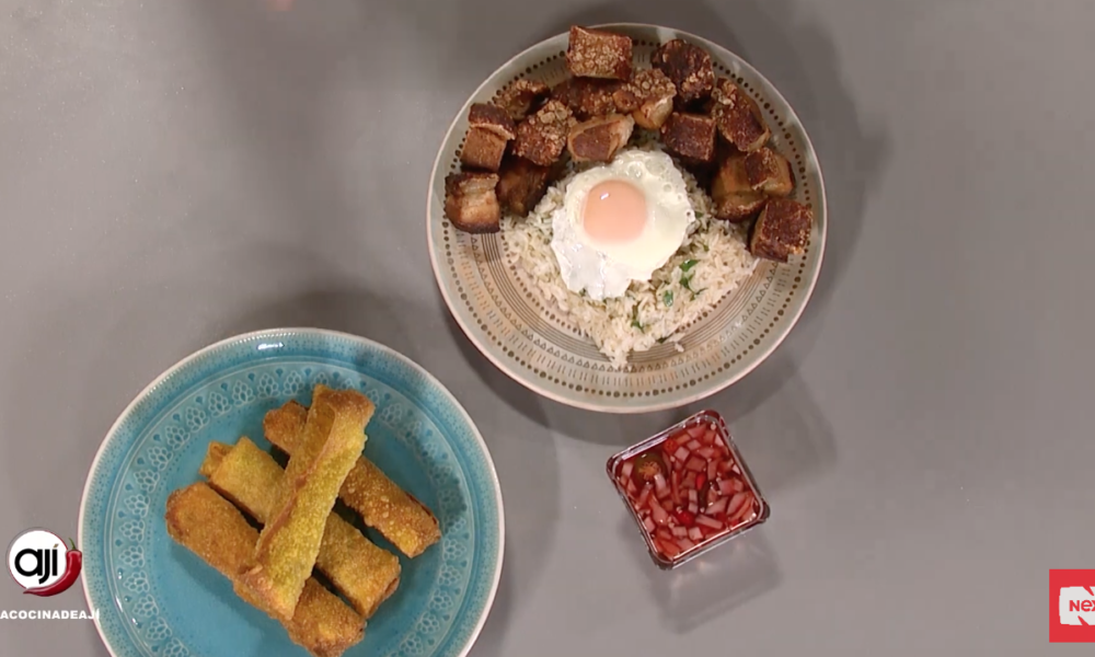 Chicharrón de cerdo con arroz de cebollina y jengibre y rollitos ...